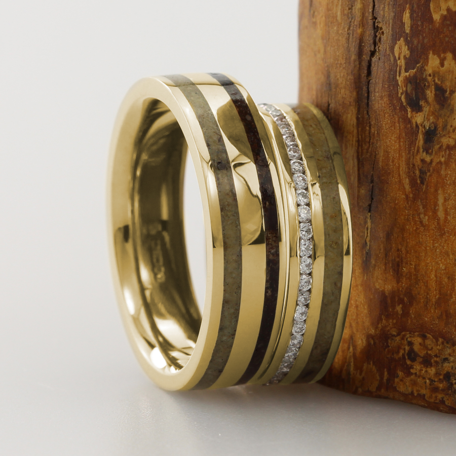 The Denes: Matching Set of 18ct Gold Bespoke Double Inlay Rings