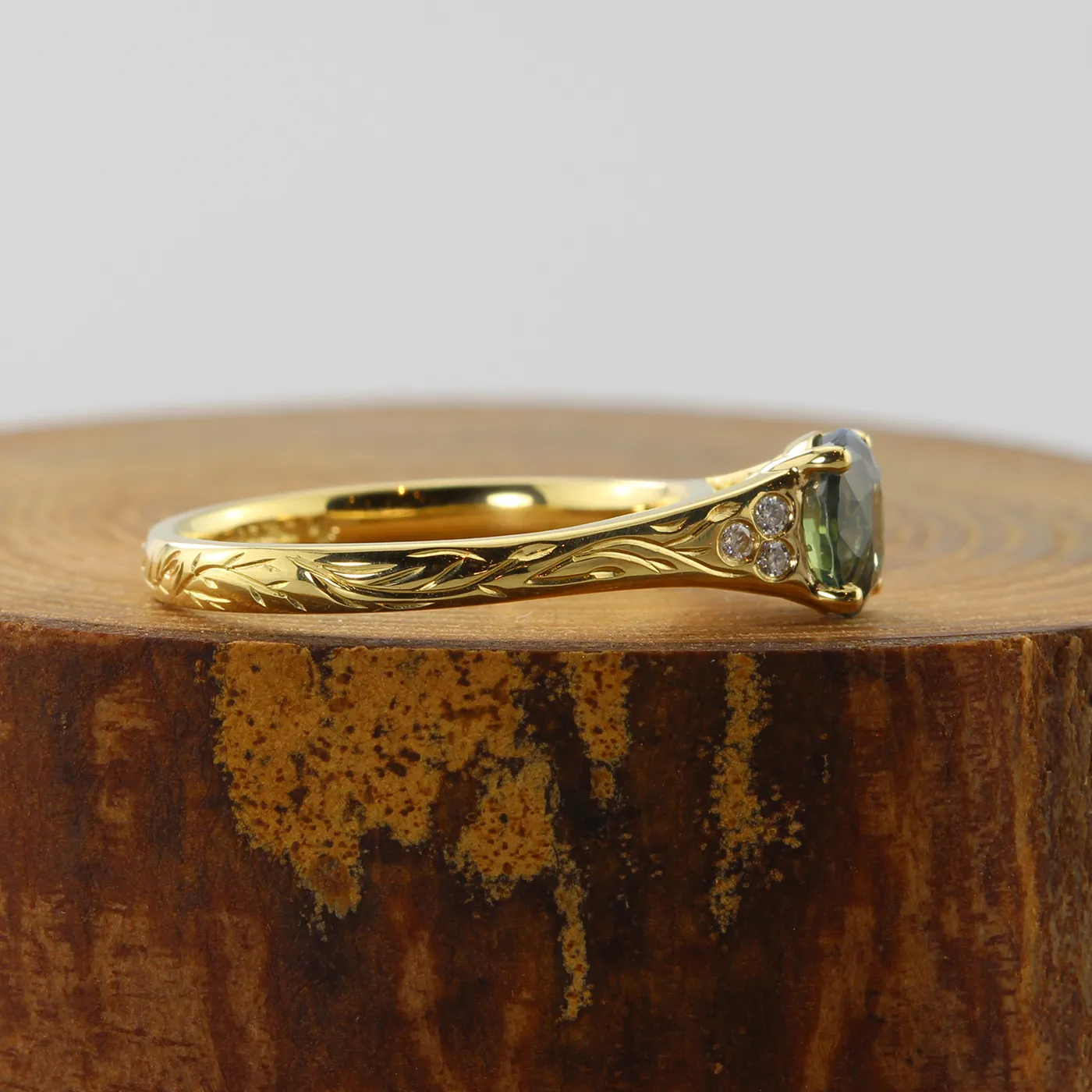 Teal Sapphire Ring | Forest Canopy Engraved | J&E